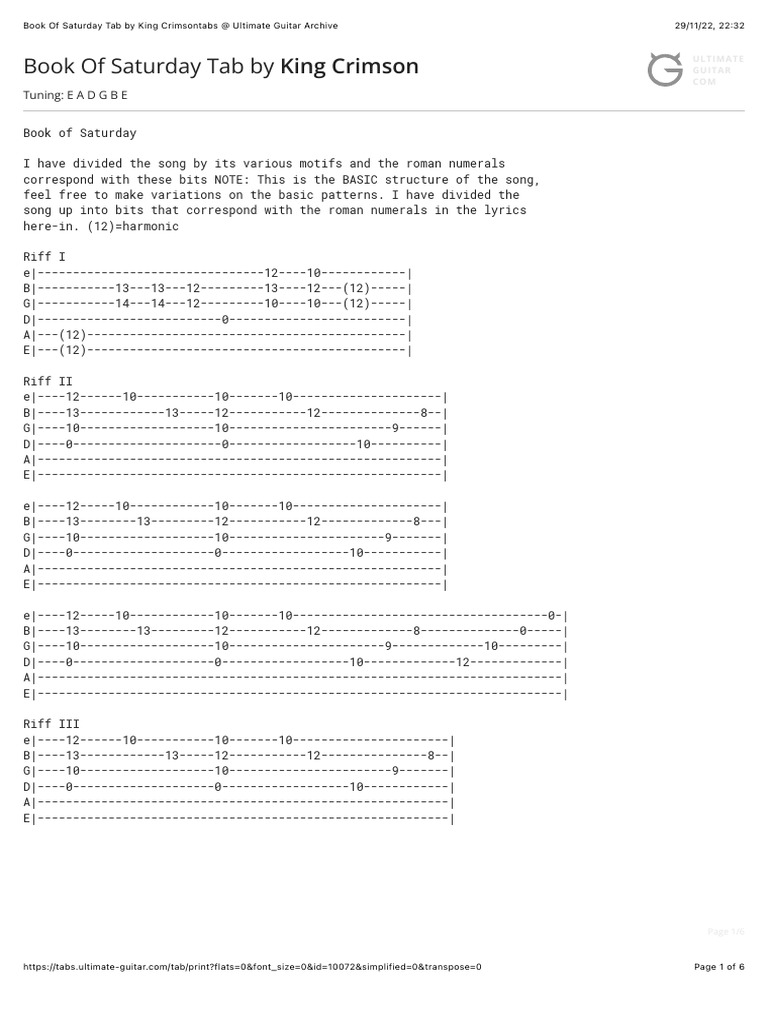 Book of Saturday Tab by King Crimsontabs at Ultimate Guitar Archive | PDF