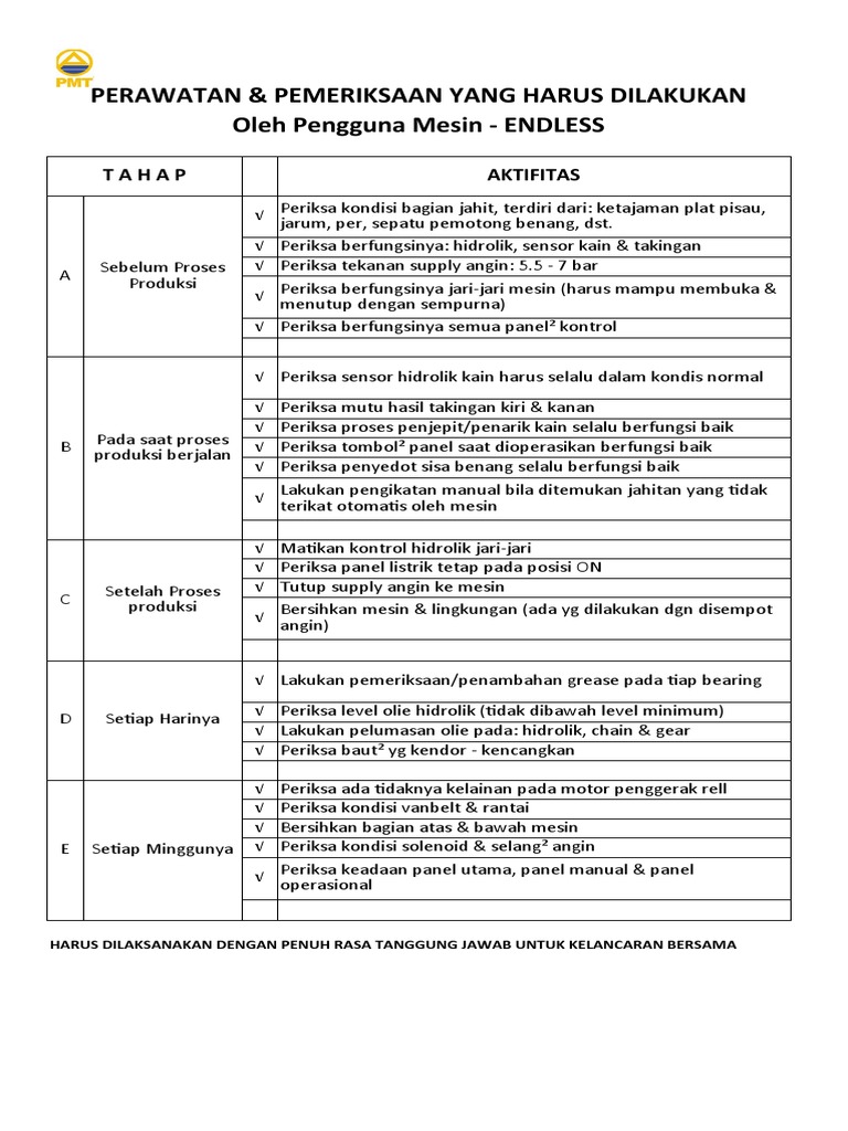 Check Sheet Perawatan PersiapanDyeingFinishing 00 | PDF