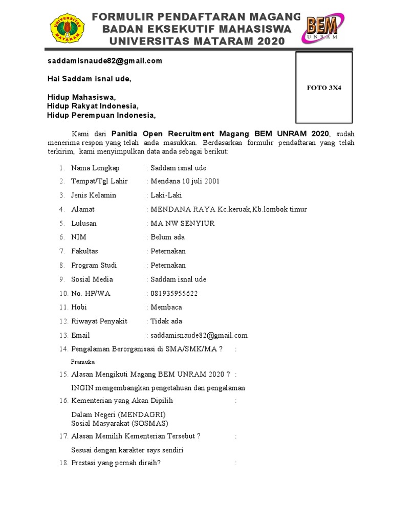 Magang BEM UNRAM 2020 Saddam Isnal Ude | PDF
