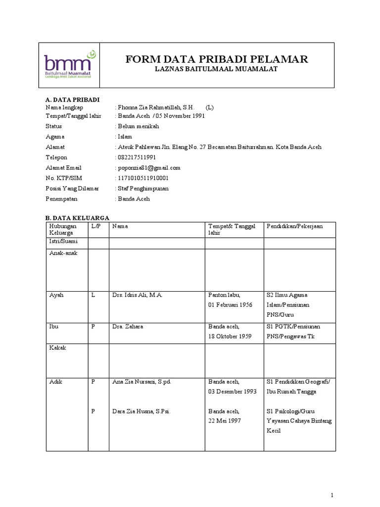 Formulir Lamaran Kerja Fhonna | PDF