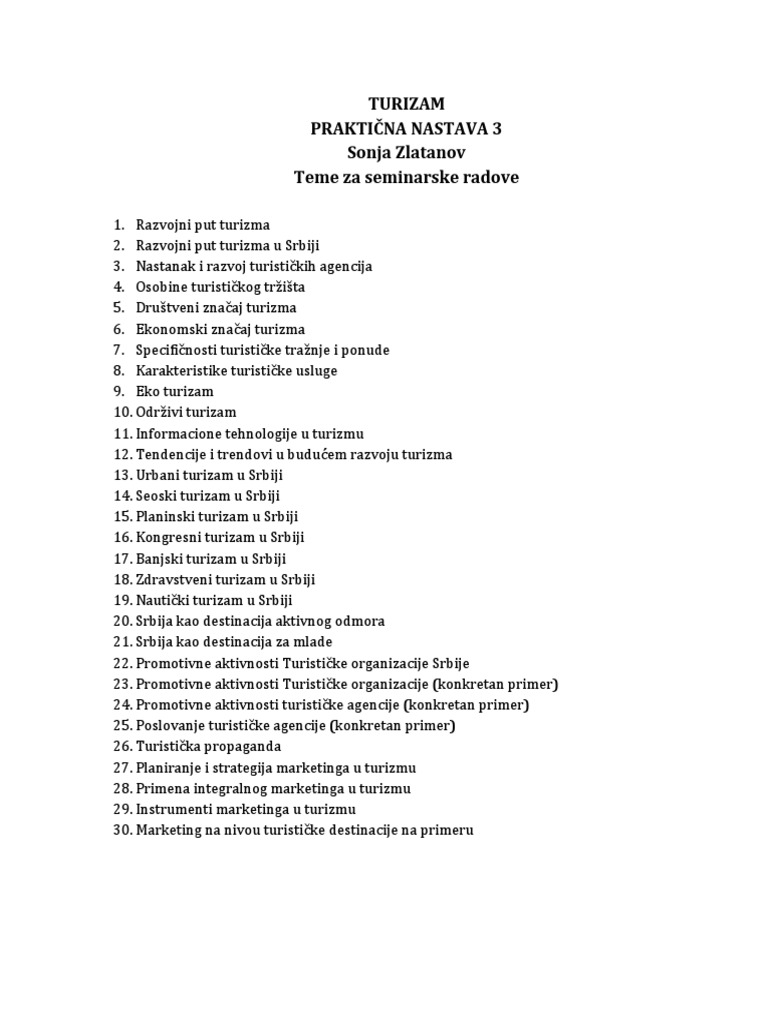 Turizam Prakticna Nastava 3 - Teme Za Seminarske Radove | PDF