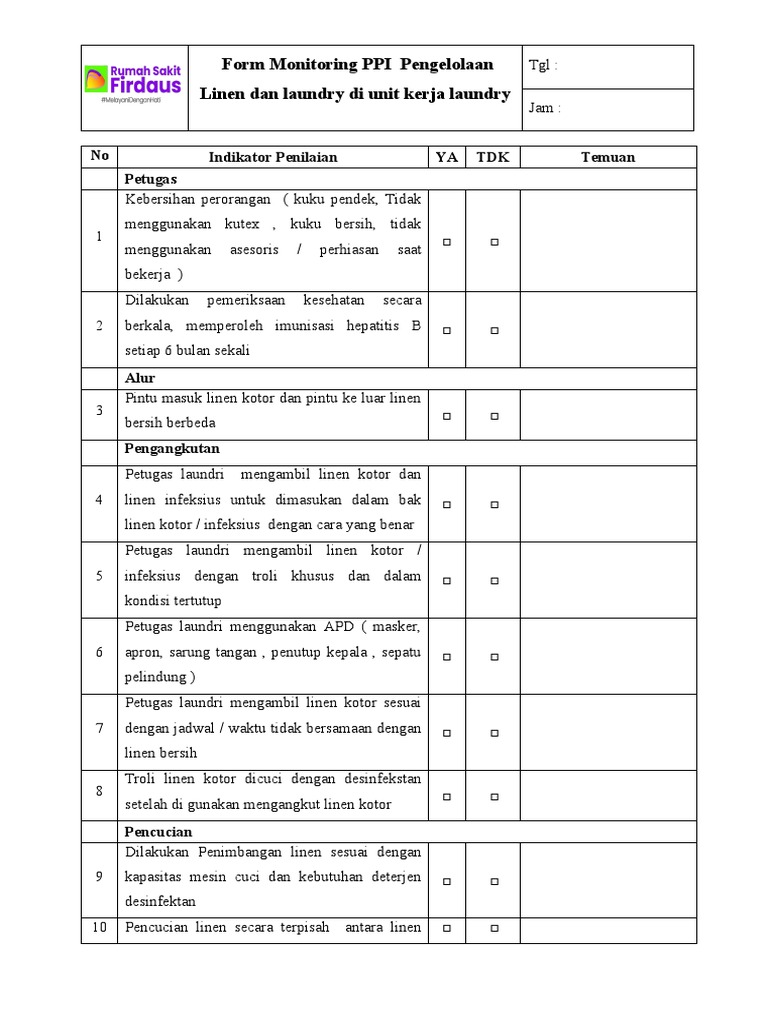 Formulir Pemantauan Laundry PPI | PDF