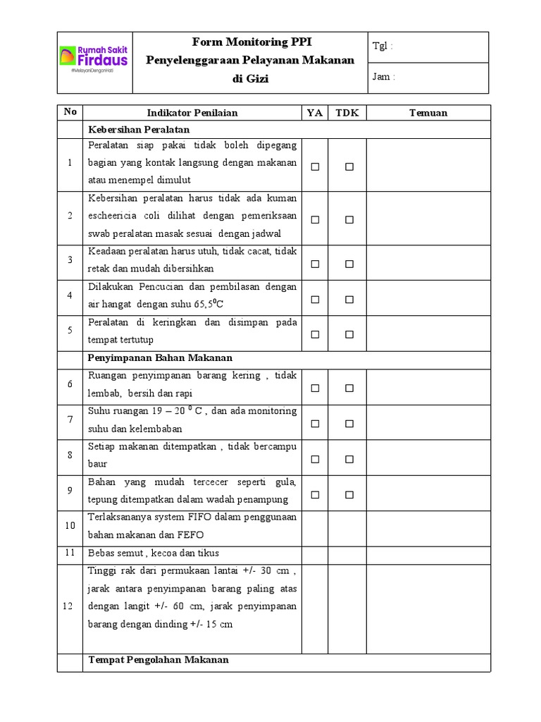 Form Monitoring Penyelenggaraan Pelayanan Makanan Di Gizi RS Firdaus | PDF