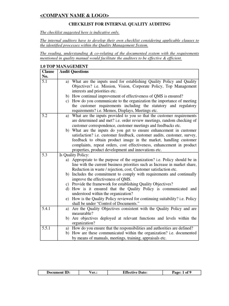 Checklist For Internal Quality Auditing | Audit | Internal Audit