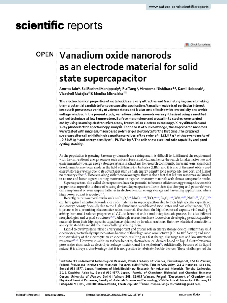 Vanadium Oxide Nanorods As An Electrode Material For Solid State Supercapacitor | PDF ...