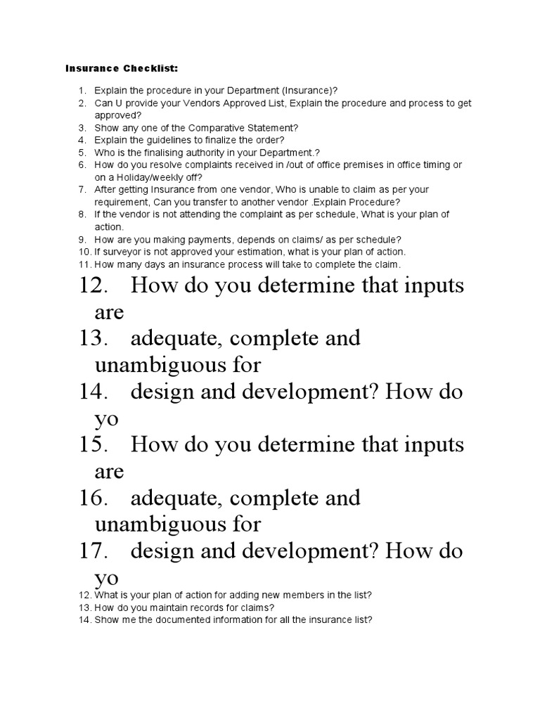Check List For Insurance | PDF