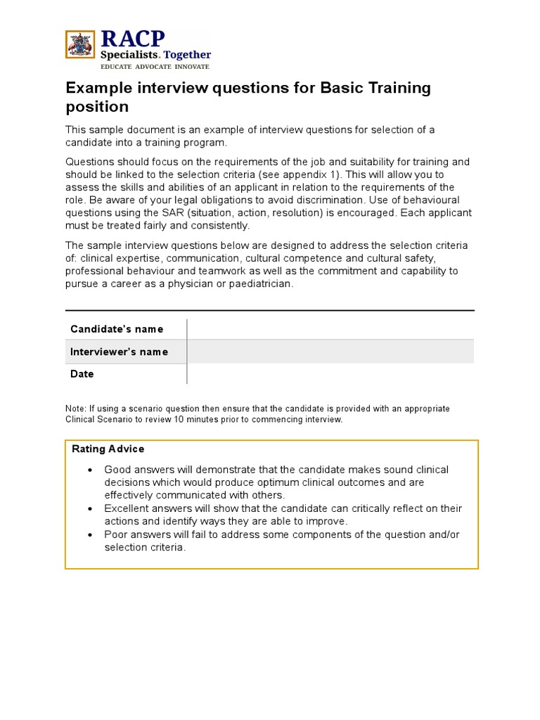 Interview Questions For Basic Training Position Template | PDF