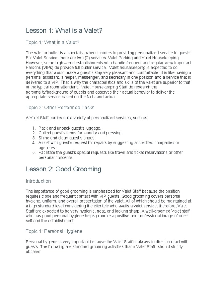 Valet Services Study Material | PDF | Clothing | Hygiene
