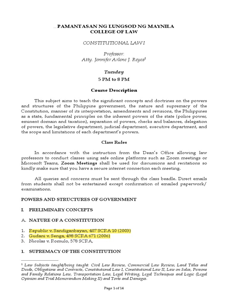 Constitutional Law I Syllabus Overview | PDF | Pardon | Commission On ...