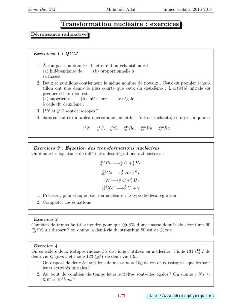 Exercices sur la transformation nucléaire | PDF | Noyau atomique ...