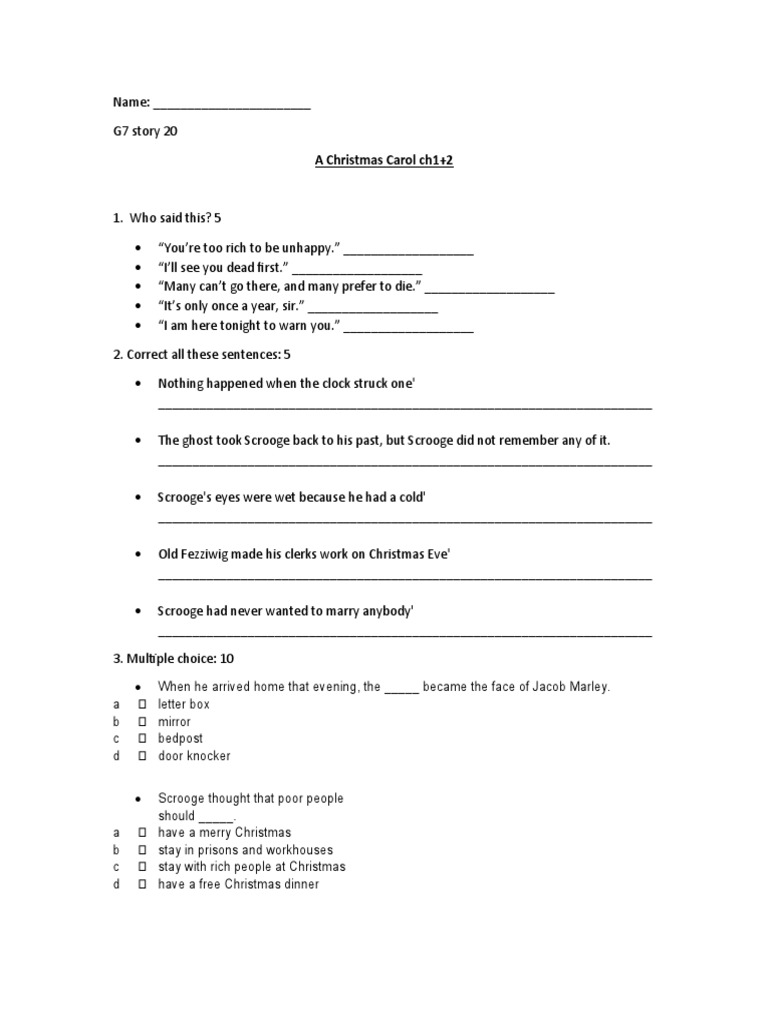 A Christmas Carol Quiz 1 | PDF | Ebenezer Scrooge | A Christmas Carol
