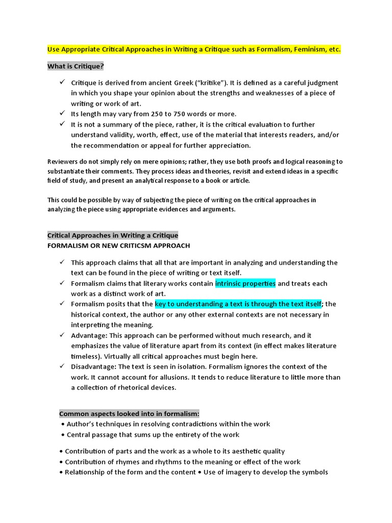 Use Appropriate Critical Approaches in Writing A Critique Such As ... Use Appropriate Critical Approaches in Writing A Critique Such As ...