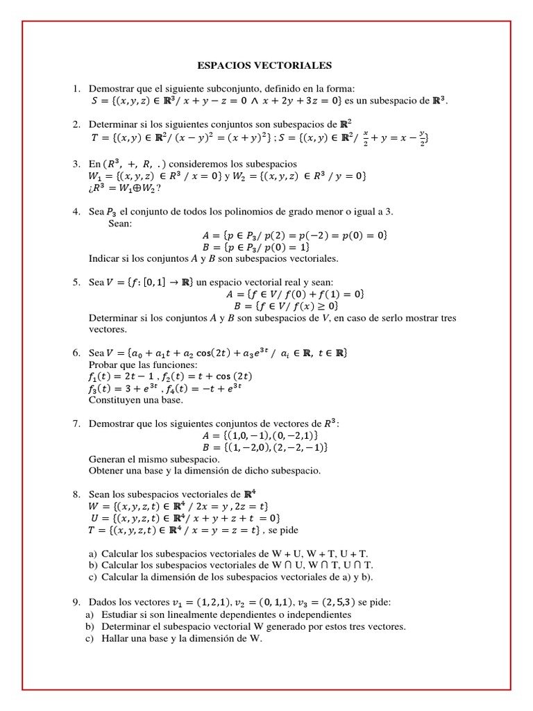 Ejercicios de Espacios Vectoriales | PDF | Base (álgebra lineal) | Espacio vectorial