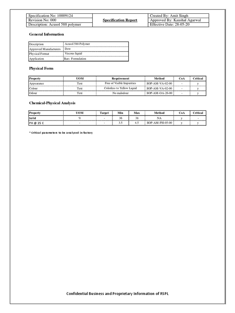 Acusol 588 Polymer Specification | PDF