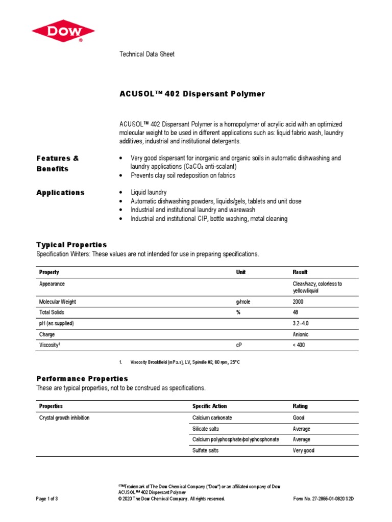 Acusol 402 Dispersant Polymer | PDF | Salt (Chemistry) | Dow Chemical ...