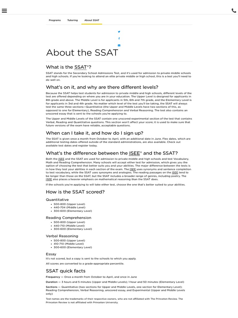 About The SSAT - The Princeton Review | PDF | Student Assessment And ...