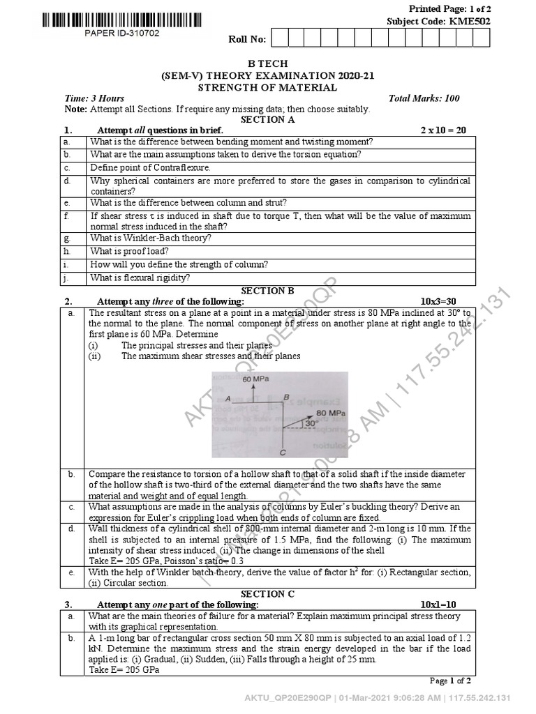 Btech Me 5 Sem Strength of Material Kme502 2021 | PDF | Stress ... Btech Me 5 Sem Strength of Material Kme502 2021 | PDF | Stress ...