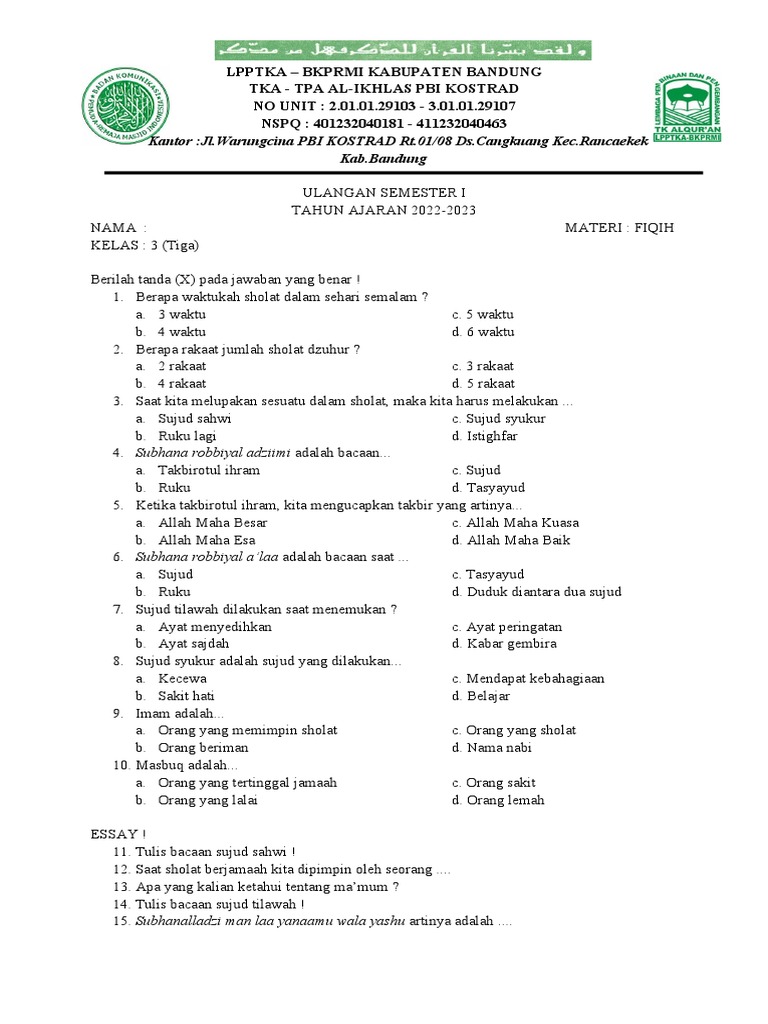 Ulangan Fiqih Kelas 3 TKA-TPA Al-Ikhlas | PDF | Agama & Spiritualitas