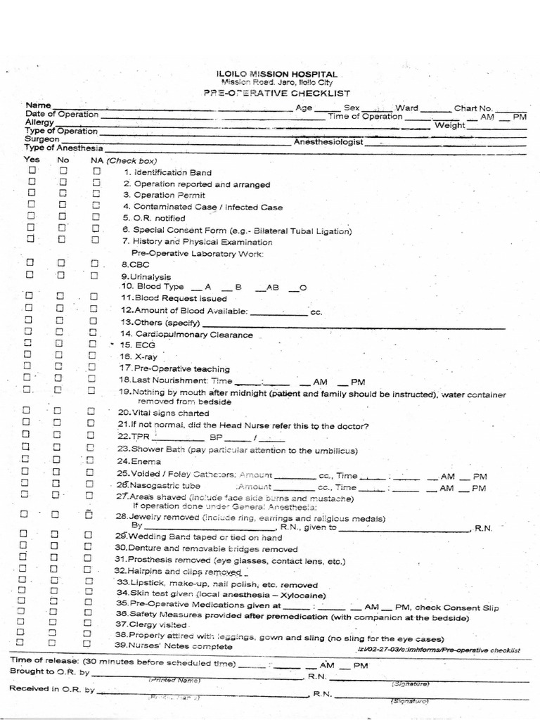 Pre Op Checklist IMH Pasted Orig | PDF