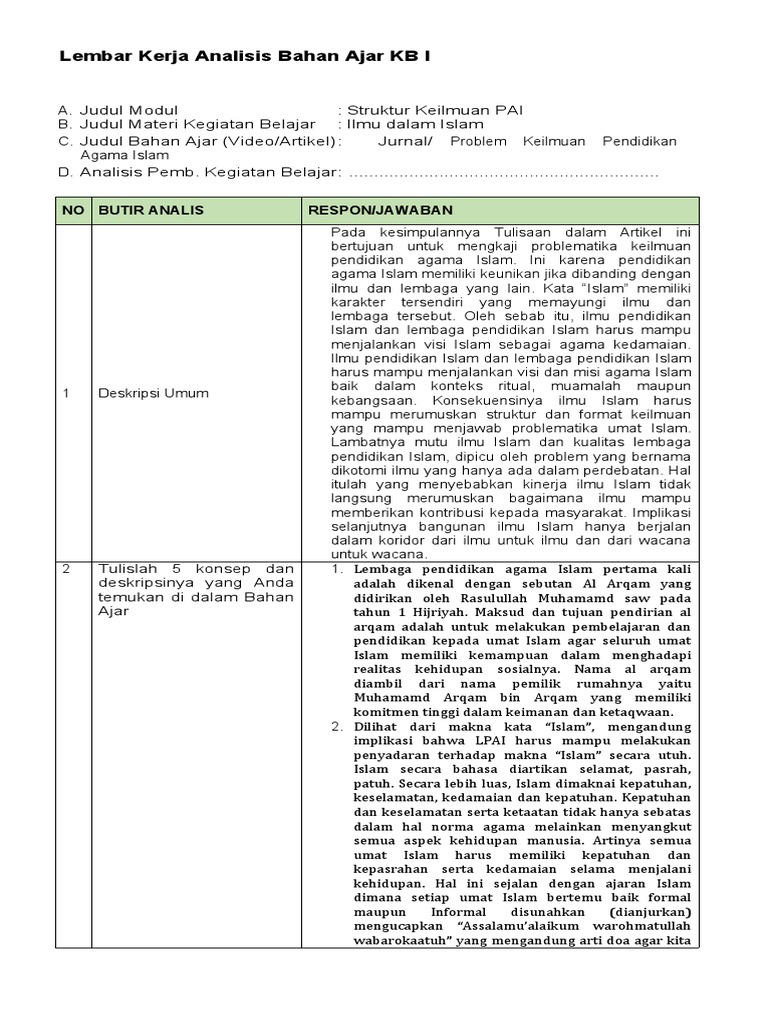 LK Analisa Bahan Ajar STRUKTUR KEILMUAN PAI KB 1 | PDF