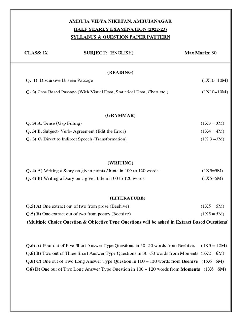 CLASS IX HALF YEARLY EXAMINATION 2022-23 (English Portion) | PDF