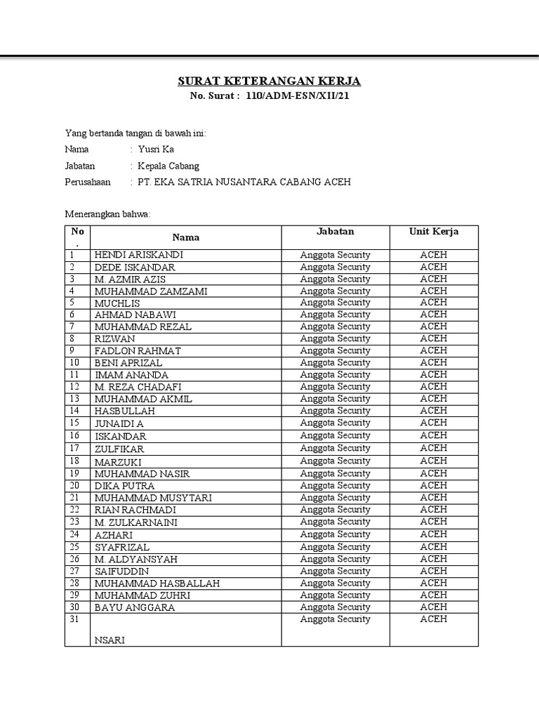 Surat Keterangan Kerja Security | PDF