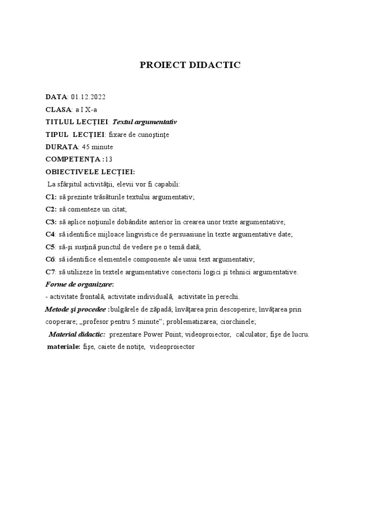 Textul Argumentativproiect Didactic | PDF