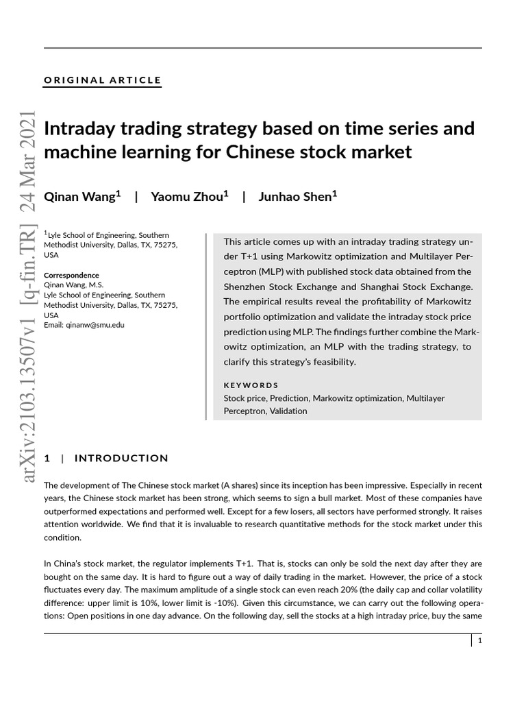 Intraday Trading Strategy Based On Time Series and | Download Free PDF | Modern Portfolio Theory ...