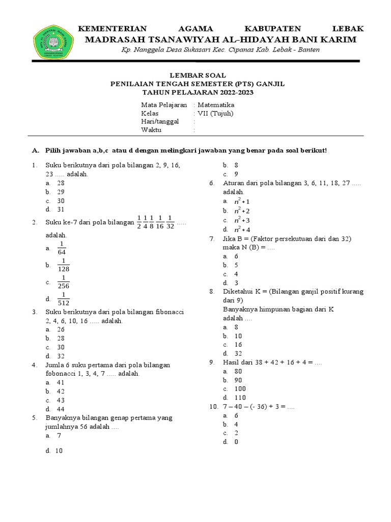 Soal Pts Ganjil Maematika Mts Kls Vii 2022-2023 | PDF