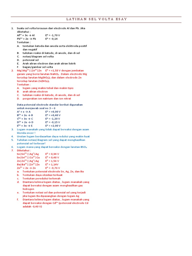 Latihan Sel Volta Esay 221018 034828 | PDF | Metode & Bahan Ajar | Sains & Matematika