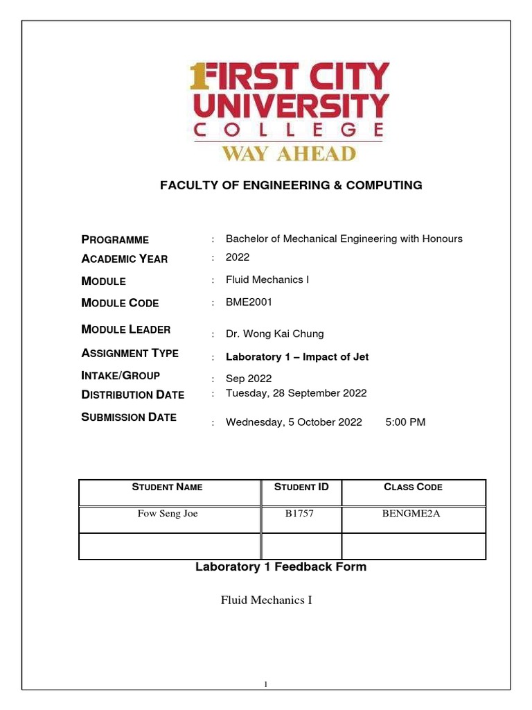 Fow Seng Joe (B1757) - FMI Lab 1 Impact Jet | PDF | Force | Fluid Dynamics
