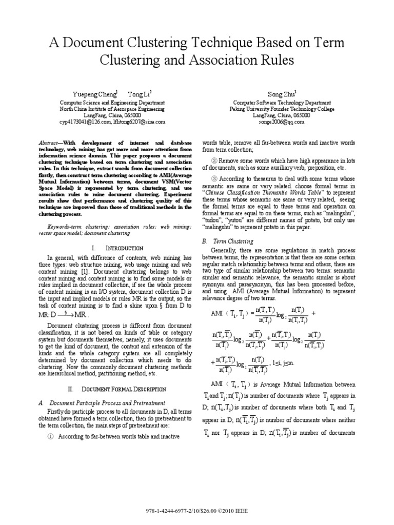 A Document Clustering Technique Based On Term Clustering And Association Rules Pdf Cluster