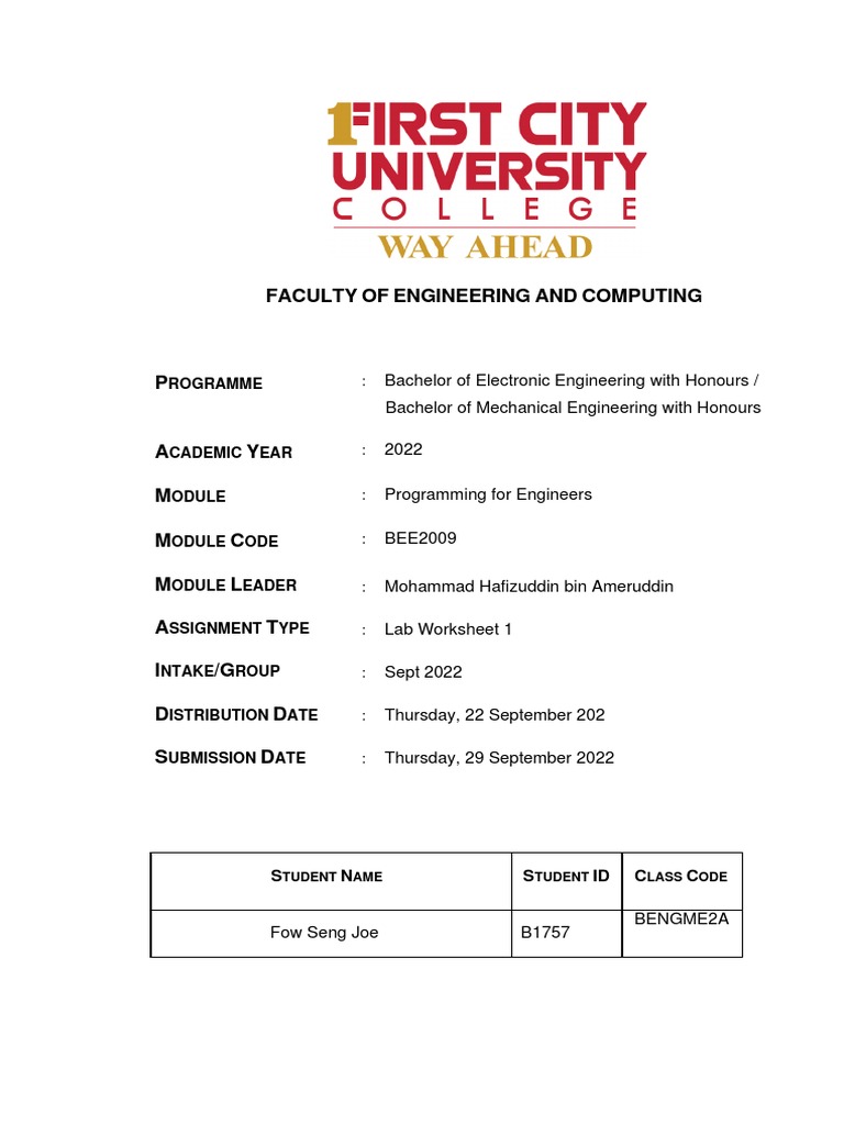 Fow Seng Joe (B1757) - PFE Laboratory 1 | PDF | Programming | Computer Program