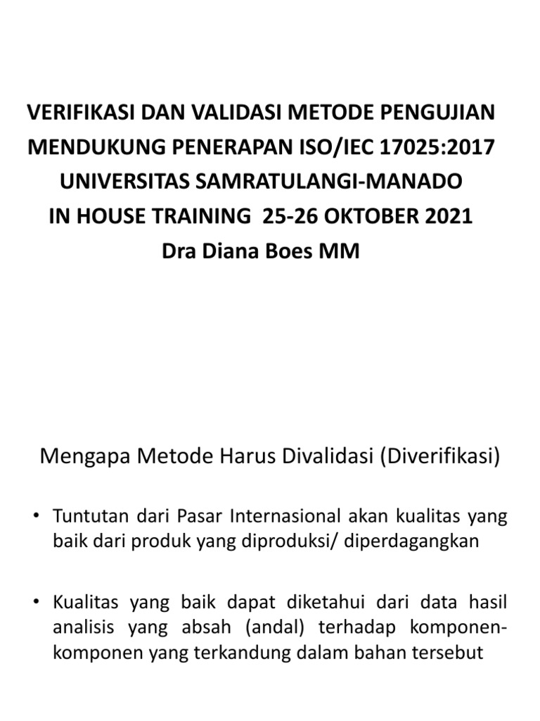UNSRAT OKTOBER 2021 Verifikasi - Validasi Metode | PDF | Teknologi & Rekayasa