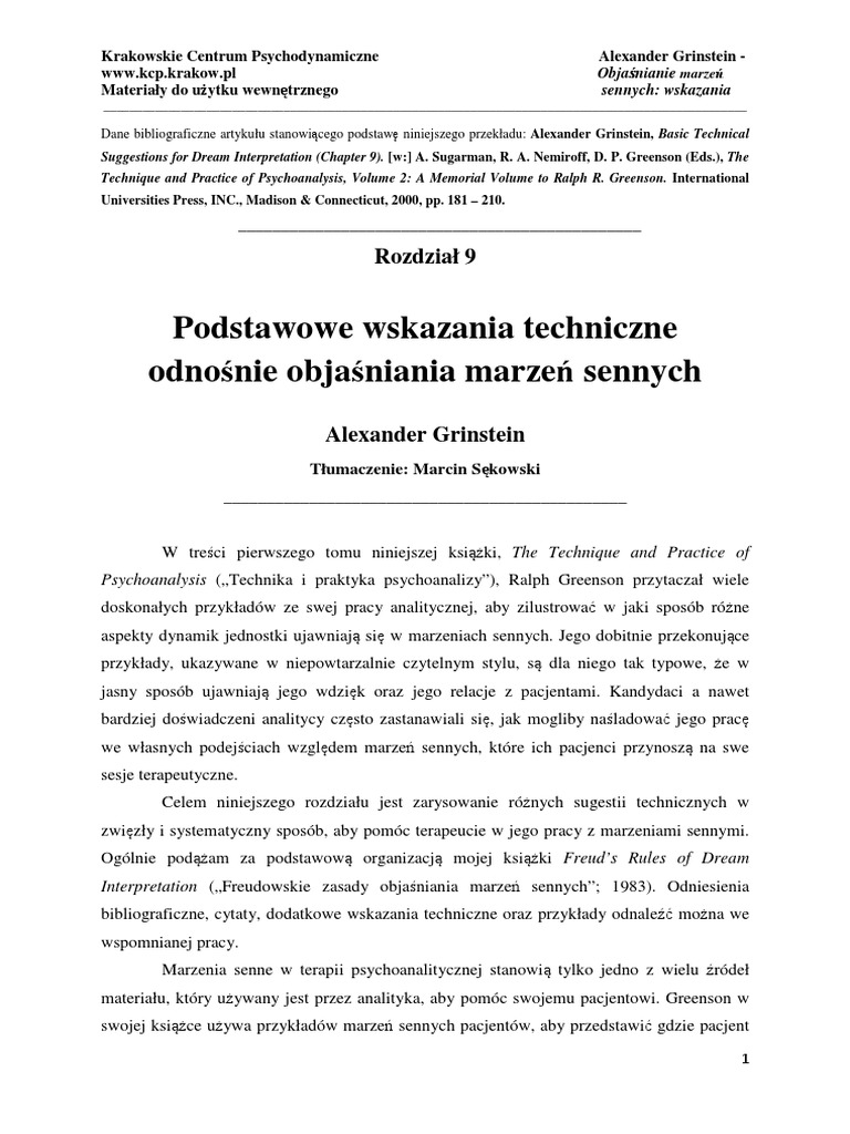 R. 9. A. Grinstein - Objaśnianie Marzeń Sennych | PDF