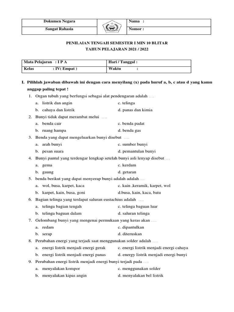 Soal Ipa 4 (PTS 1 21-22) | PDF