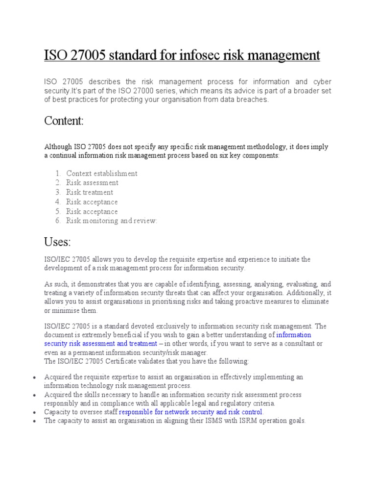 ISO 27005 Standard For Infosec Risk Management | PDF