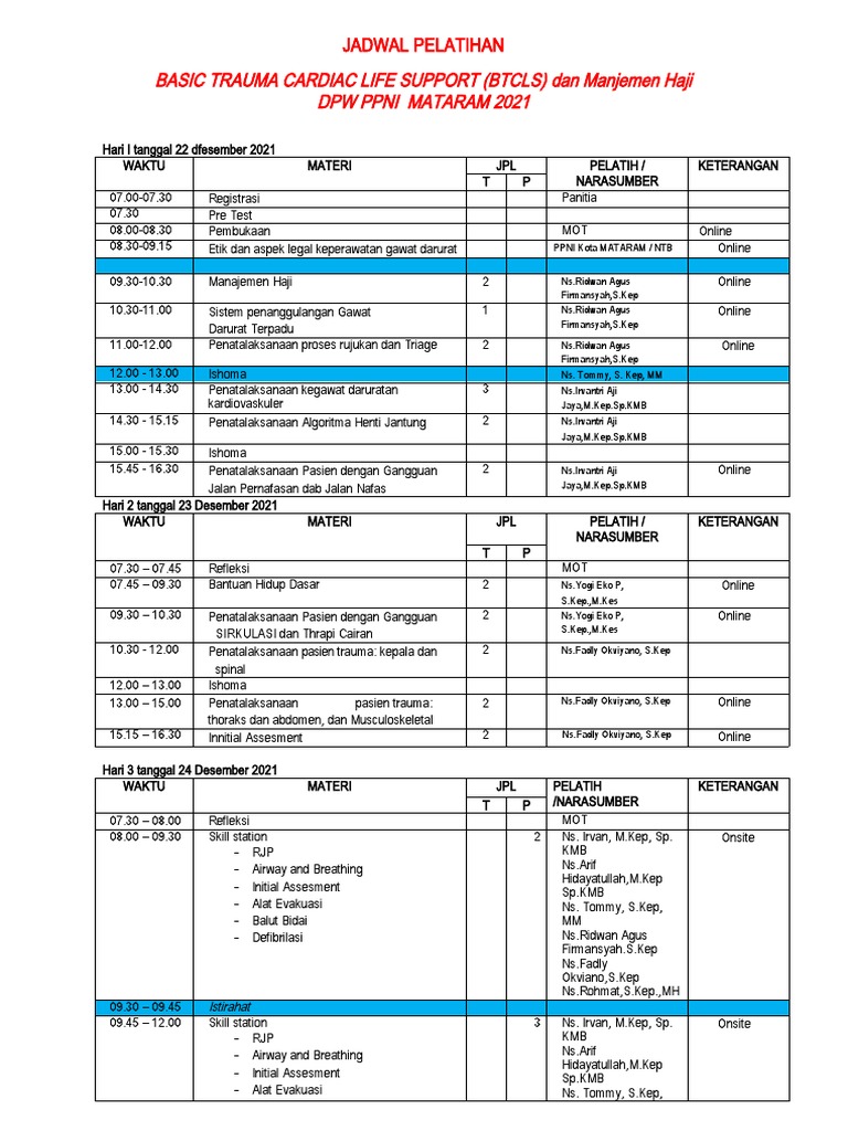 JADWAL PELATIHAN DAN SKILL STATION BASIC TRAUMA CARDIAC LIFE SUPPORT ...