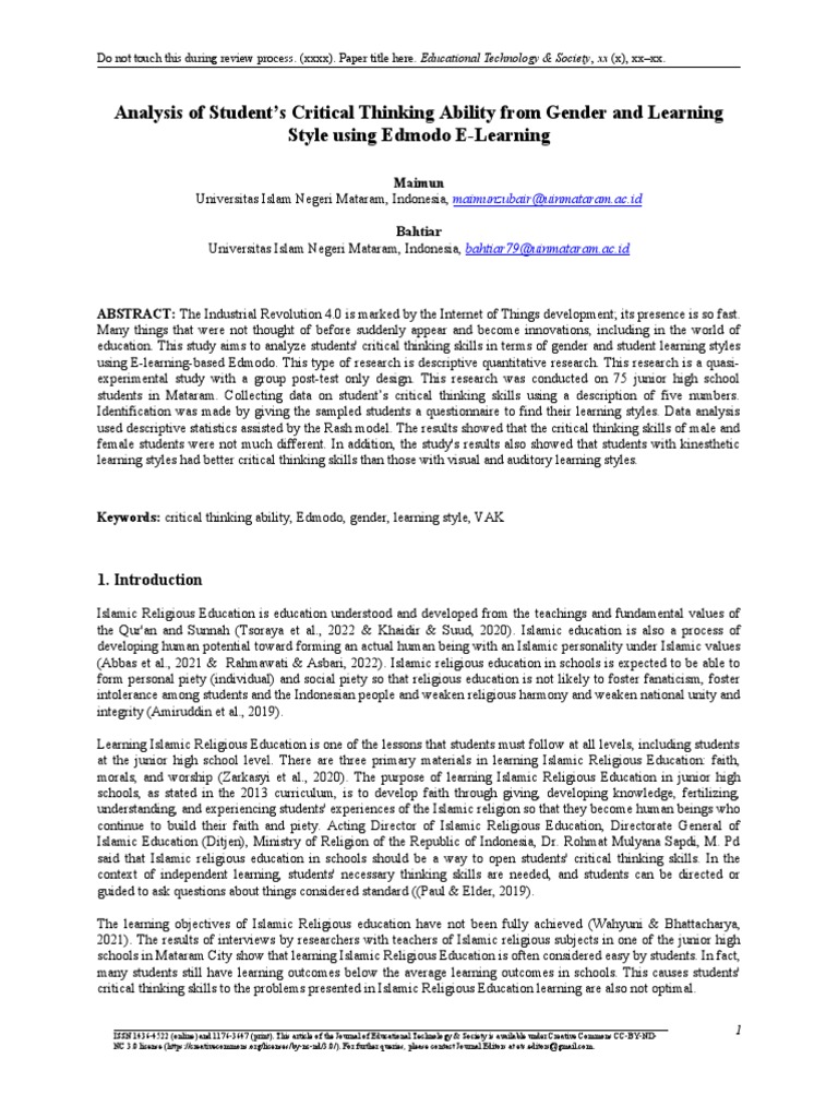 (ETS) Sample Article Submission | PDF | Learning Styles | Critical Thinking