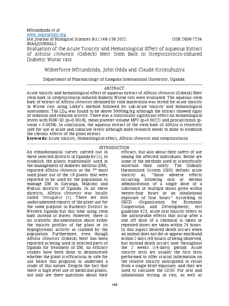 Keywords: Acute Toxicity, Hematological Effect, Albizia Chinensis and Streptozotocin | Download ...