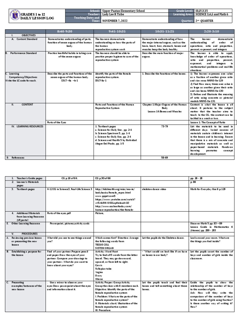 GRADES 1 To 12 Daily Lesson Log: School: Grade Level: Teacher: Learning ...
