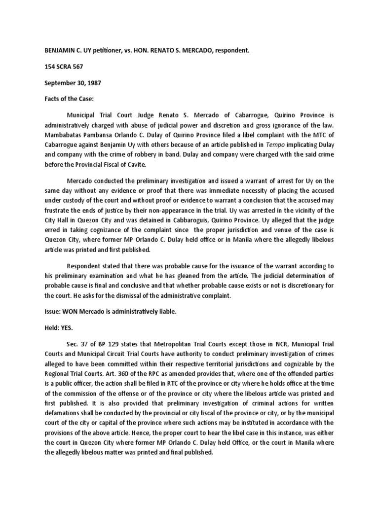 BENJAMIN C. UY Petitioner, vs. HON. RENATO S. MERCADO, Respondent ...