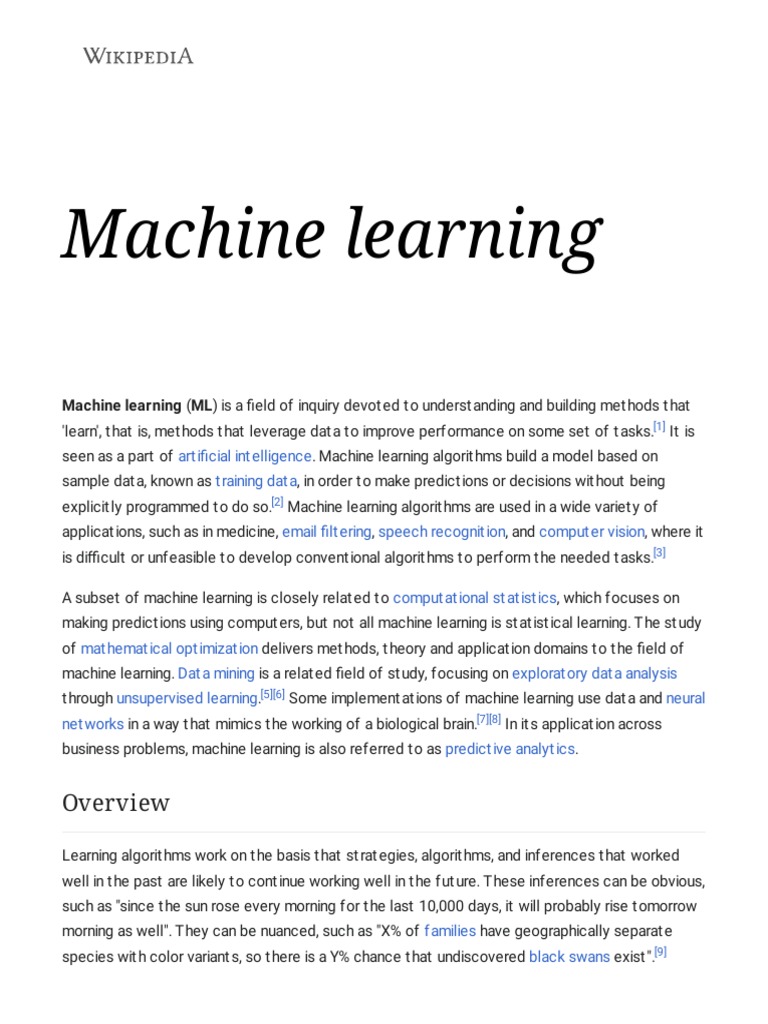 Machine Learning - Wikipedia | PDF | Machine Learning | Cognitive Science