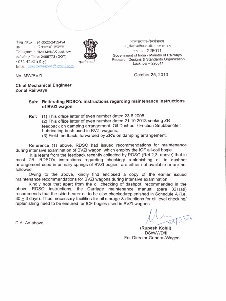 RDSO Instructions Reg Maintenace of BVZI | PDF