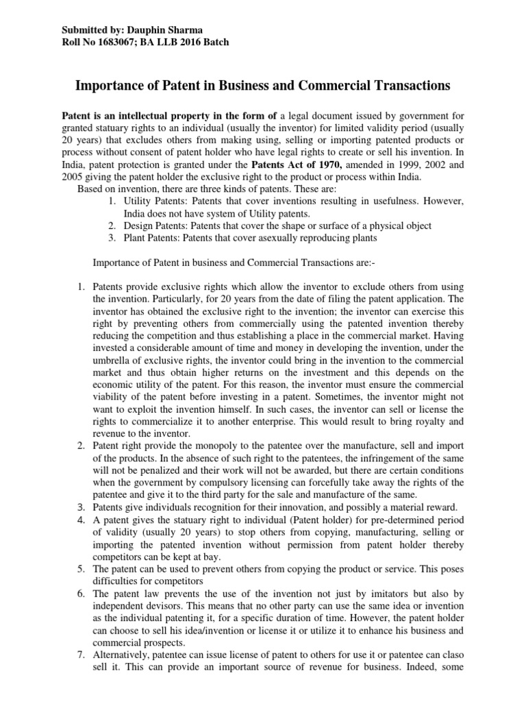 Importance of Patent | PDF | Patent | Intellectual Property
