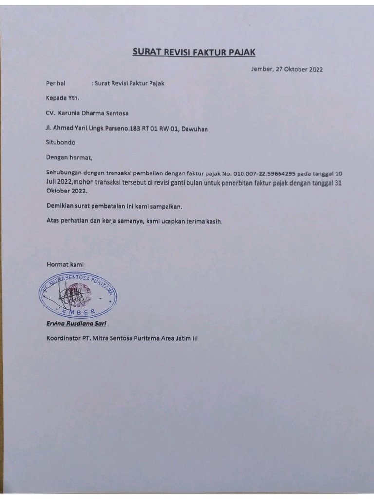 Surat Revisi Faktur Pajak | PDF