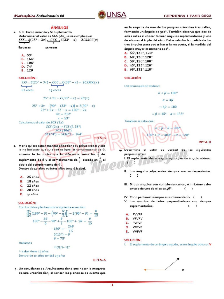 Practica #06 Solucionario Matemática - Ceprunsa I Fase 2023 | PDF