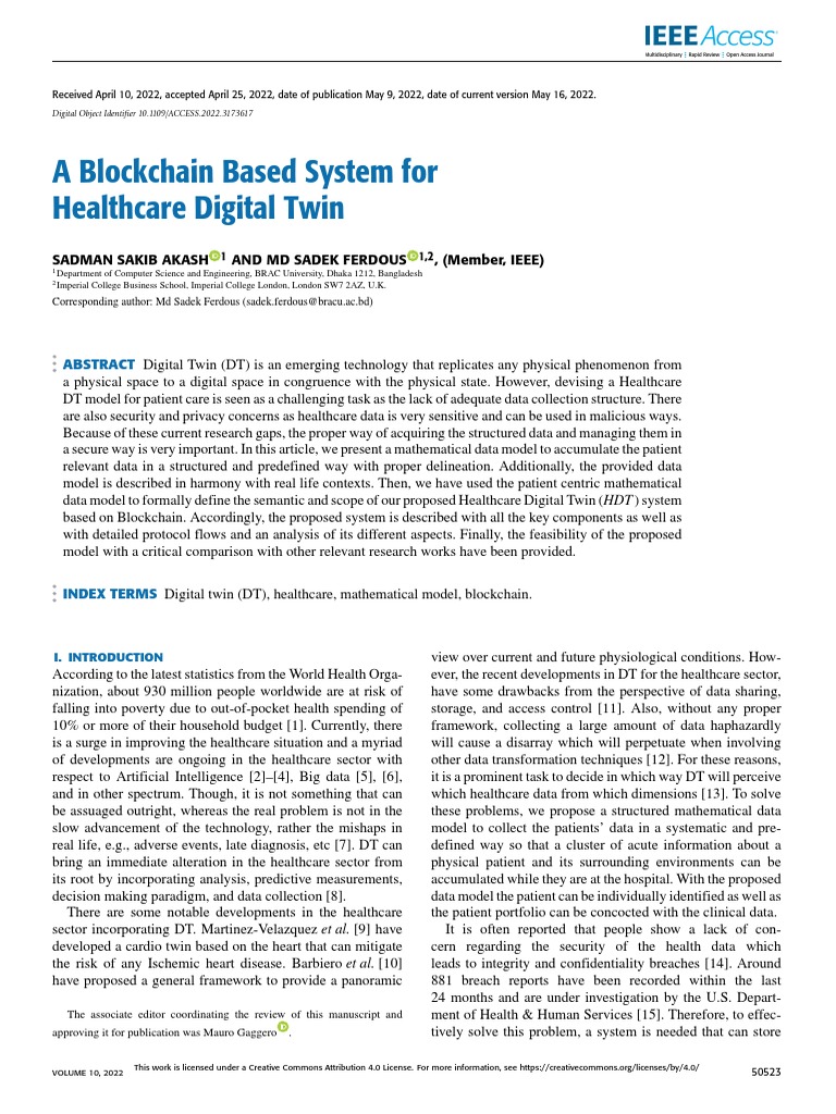 A Blockchain Based System For Healthcare Digital Twin | PDF | Surgery | Internet Of Things