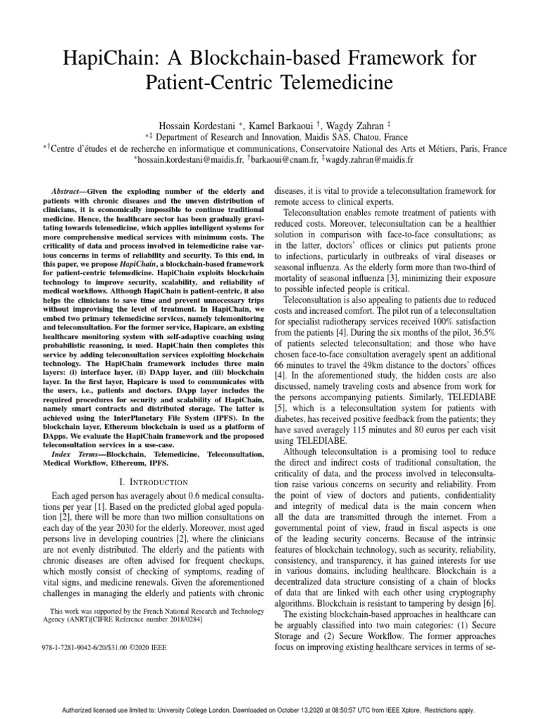 HapiChain A Blockchain-Based Framework For Patient Centric Elemedicine | PDF