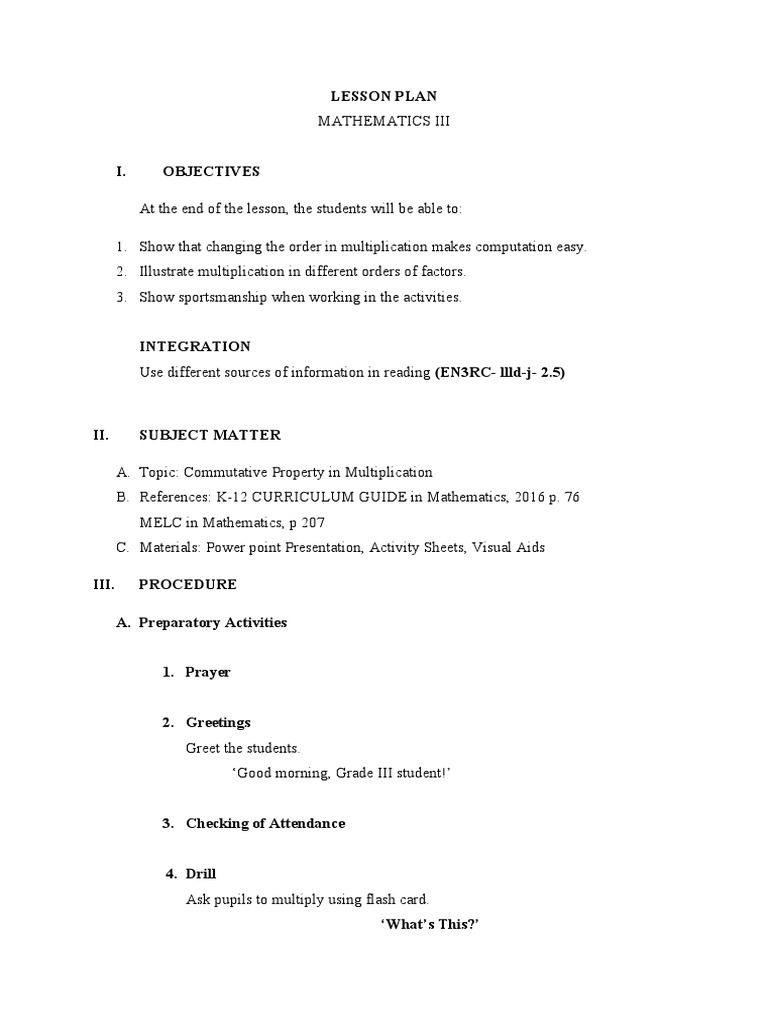 Lesson Plan in Math 3 | PDF | Lesson Plan | Multiplication